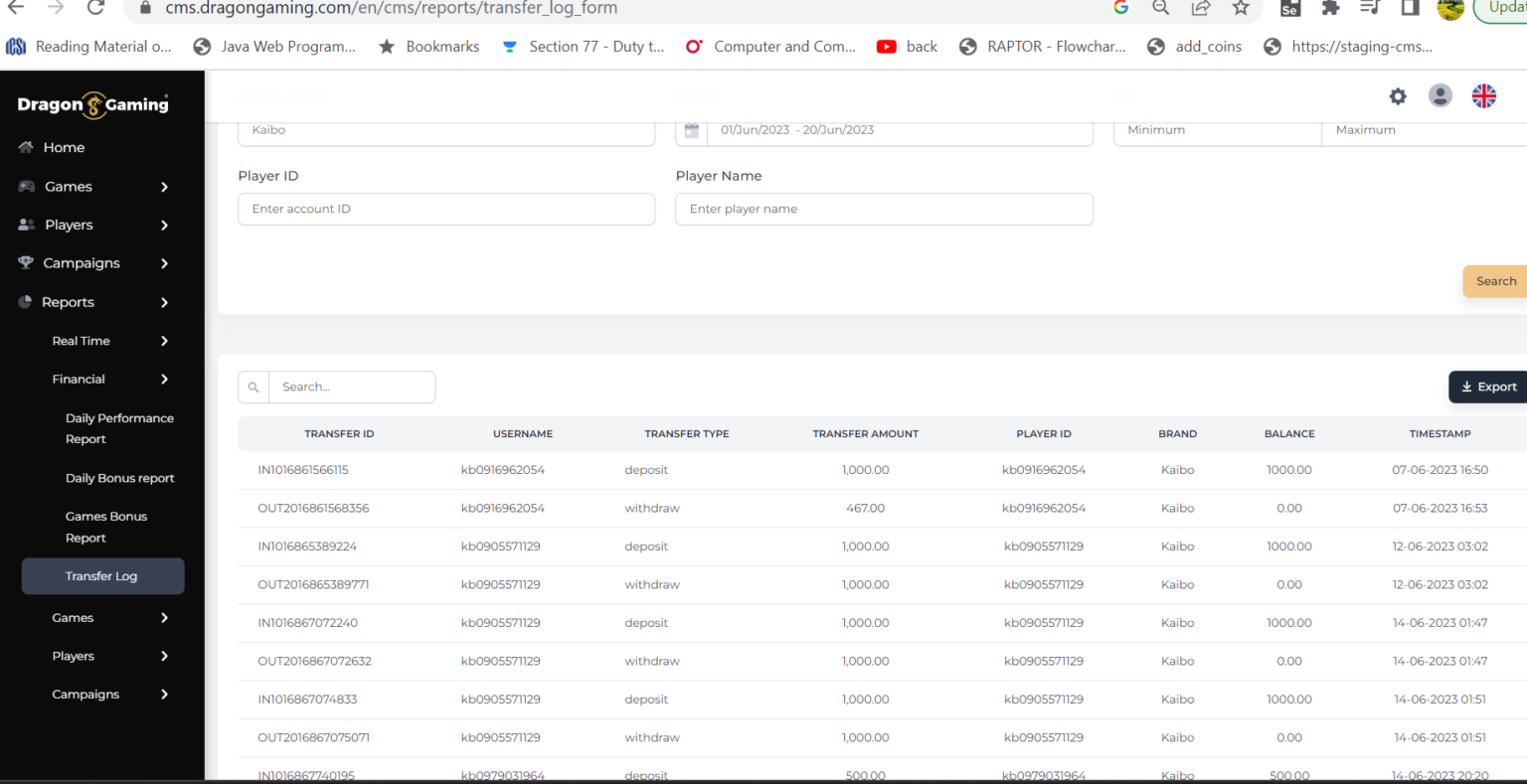 Transfer Log - DragonGaming - Support Portal